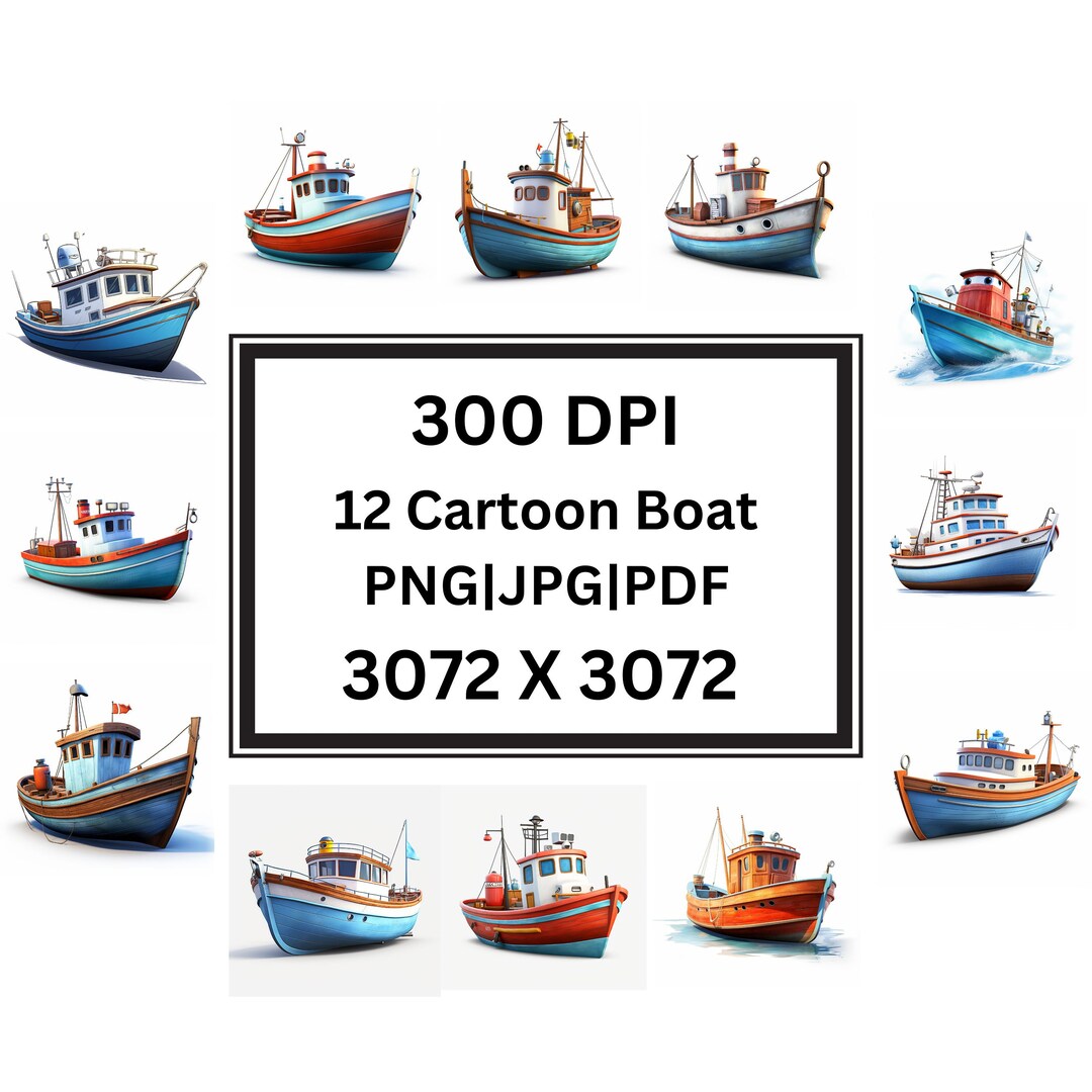 12 Cartoon Boat High-quality Designs PNGJPGPDF Clip Art 12 Digital ...