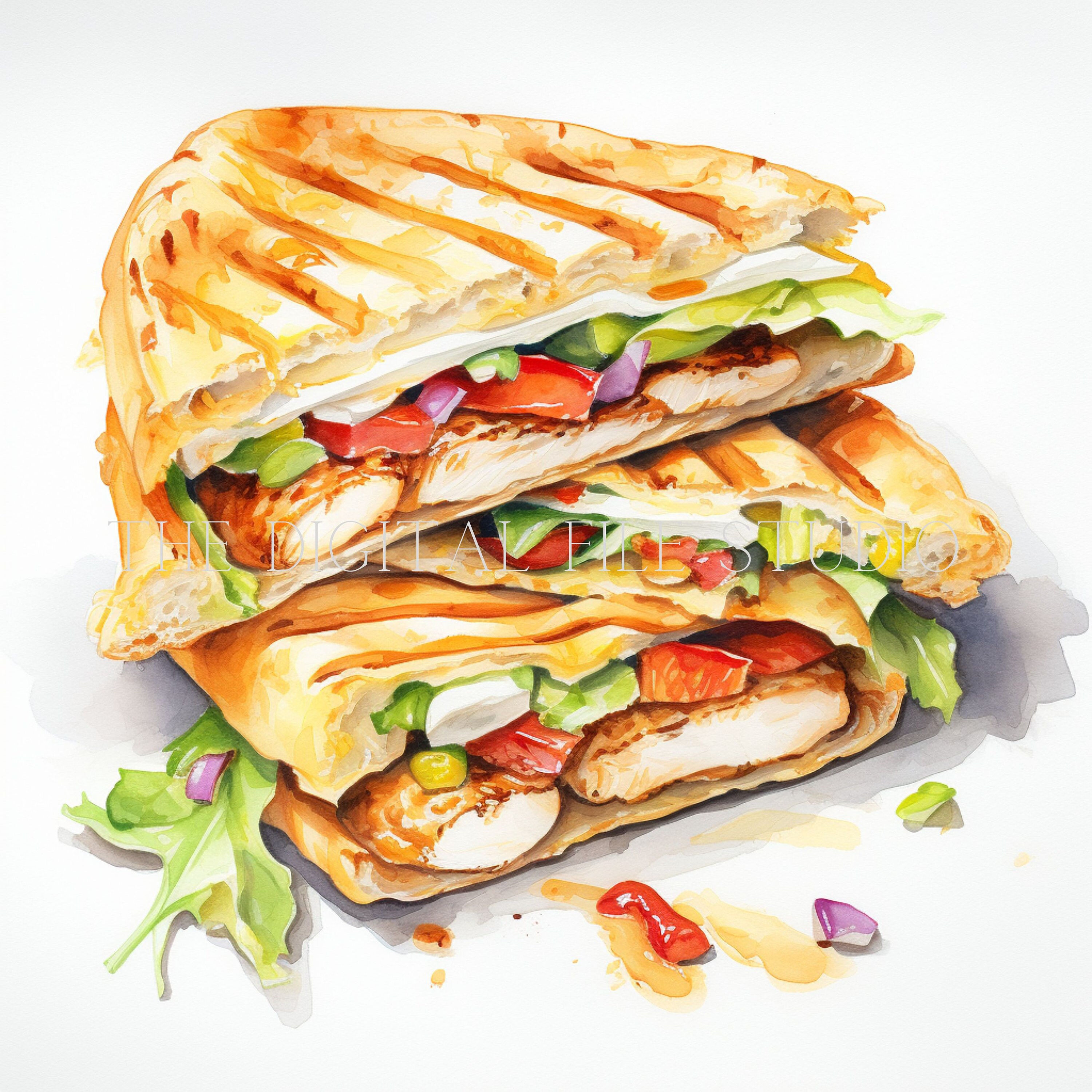 12 Watercolor Chicken Panini Clipart PNGJPGPDF Digital Images Graphics ...