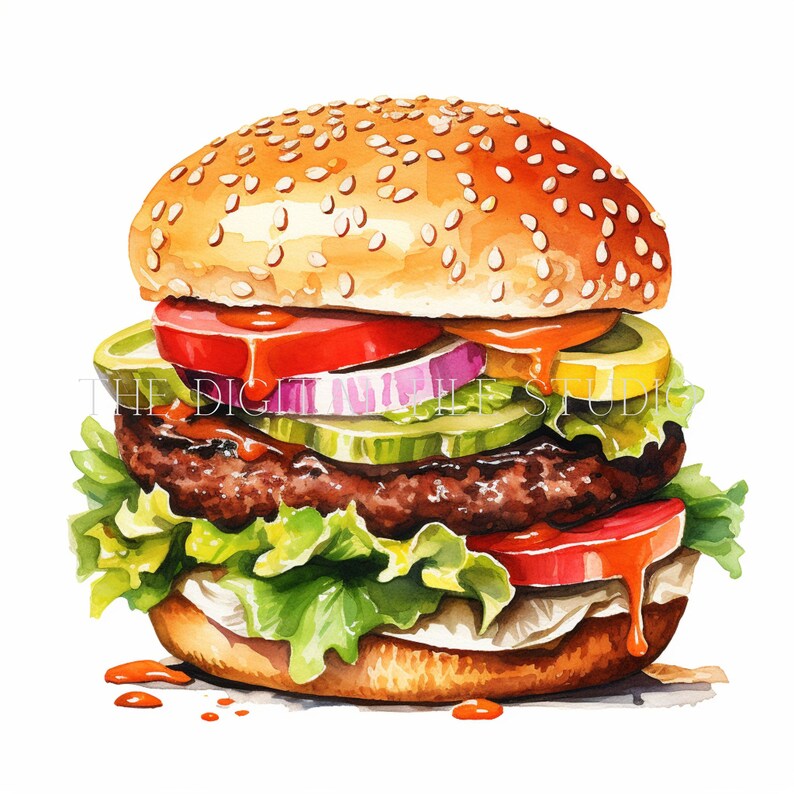 12 Watercolor Burgers Clipart PNGJPGPDF Burgers Digital Images Burgers ...