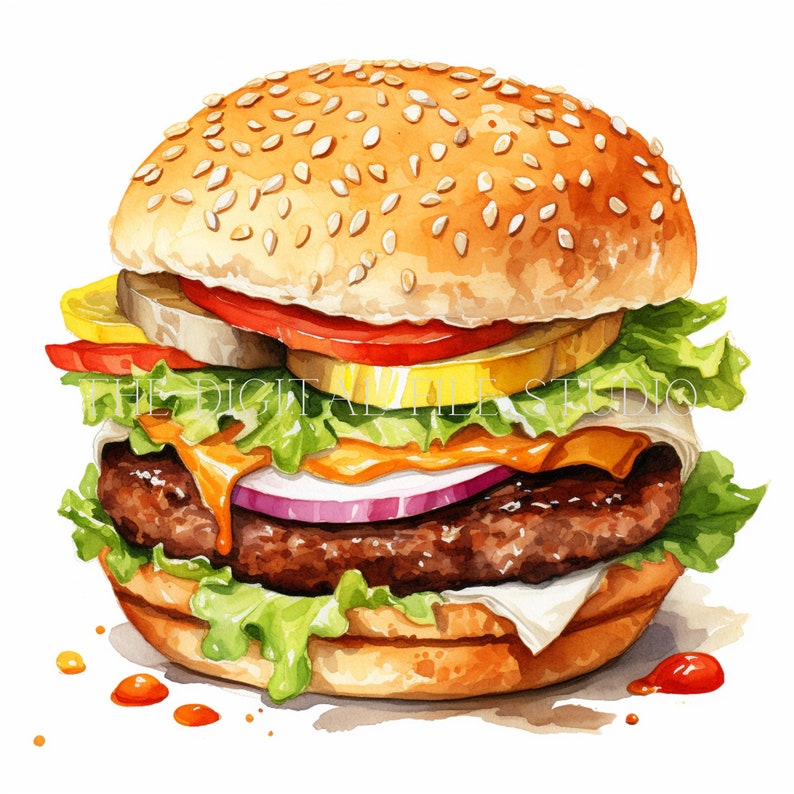 12 Watercolor Burgers Clipart PNGJPGPDF Burgers Digital Images Burgers ...