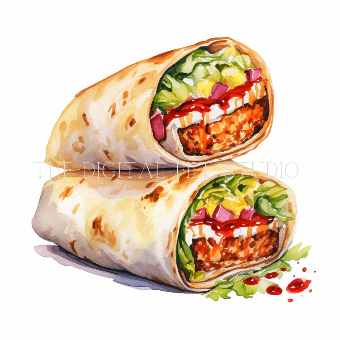 12 Watercolor Burritos Clipart PNGJPGPDF Burritos Digital Images Burritos Graphics Watercolor ...