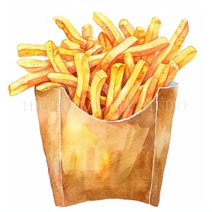 12 Watercolor Fries Clipart PNGJPGPDF Digital Images Graphics Watercolor Food Clipart Digital ...