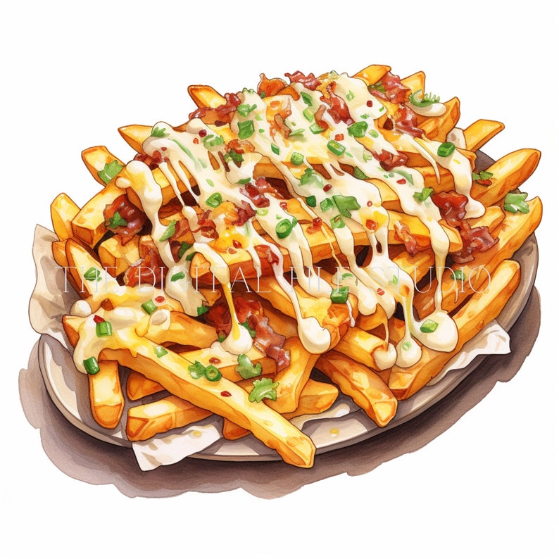 12 Watercolor Loaded Fries Clipart PNGJPGPDF Loaded Fries Digital ...