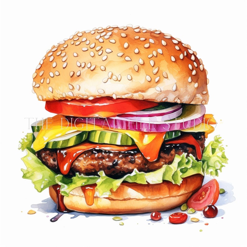 12 Watercolor Burgers Clipart PNGJPGPDF Burgers Digital Images Burgers ...