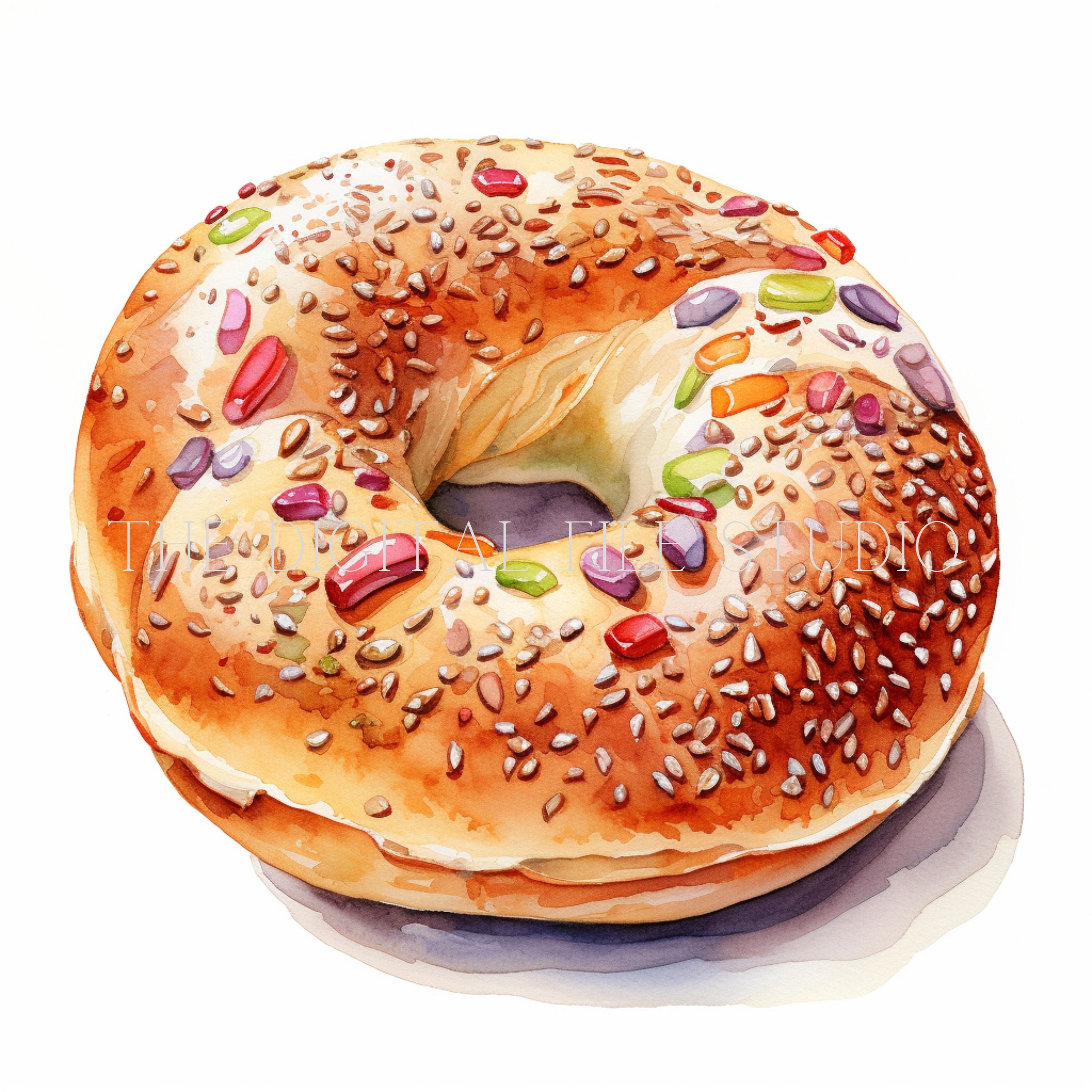 12 Watercolor Bagels Clipart PNGJPGPDF Bagels Digital Images Bagels ...