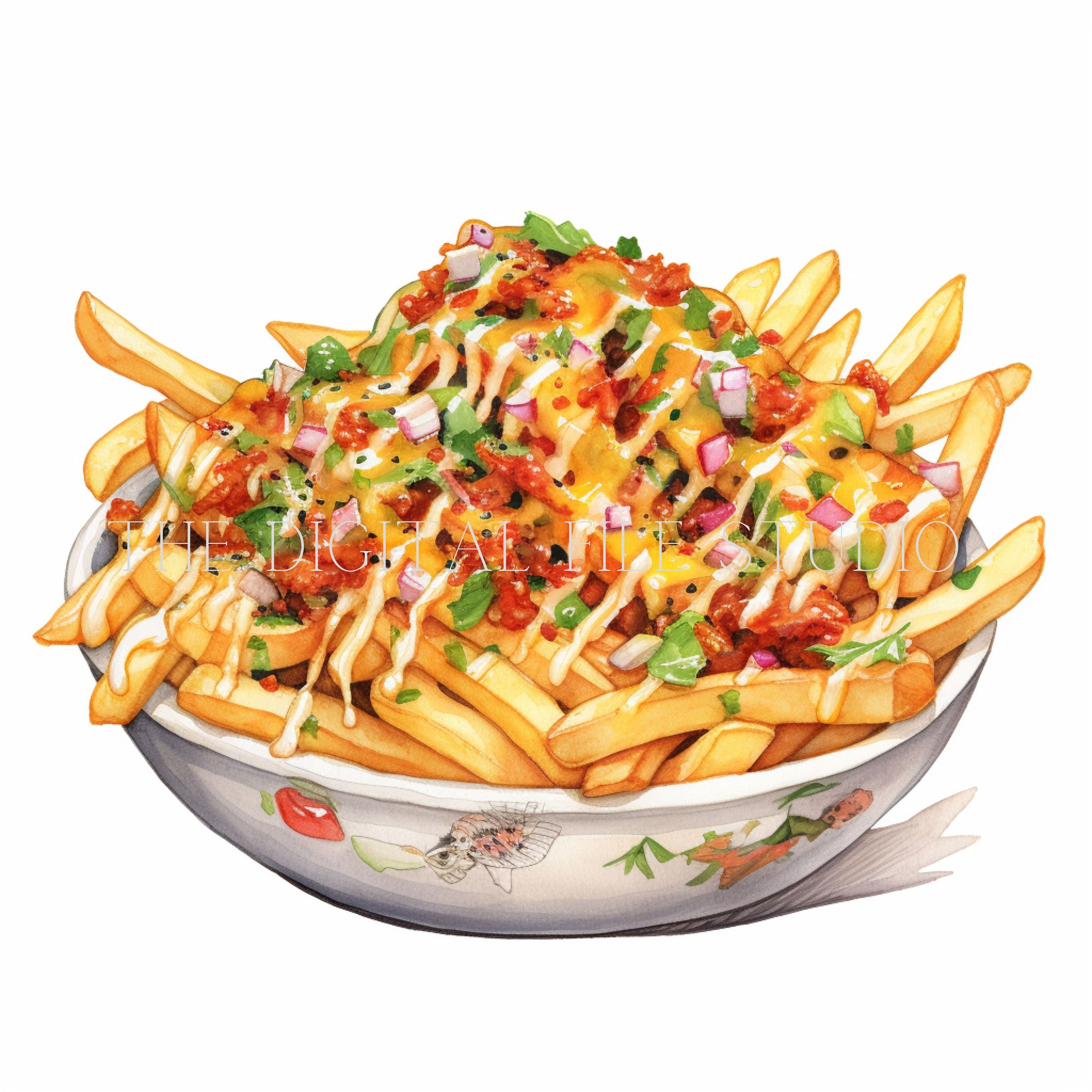 12 Watercolor Loaded Fries Clipart PNGJPGPDF Loaded Fries Digital ...