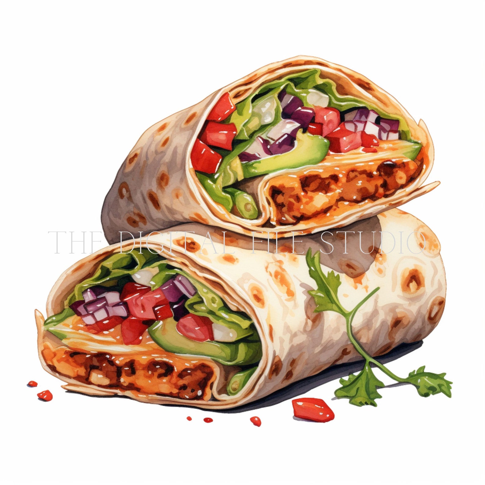 12 Watercolor Burritos Clipart PNGJPGPDF Burritos Digital Images Burritos Graphics Watercolor ...
