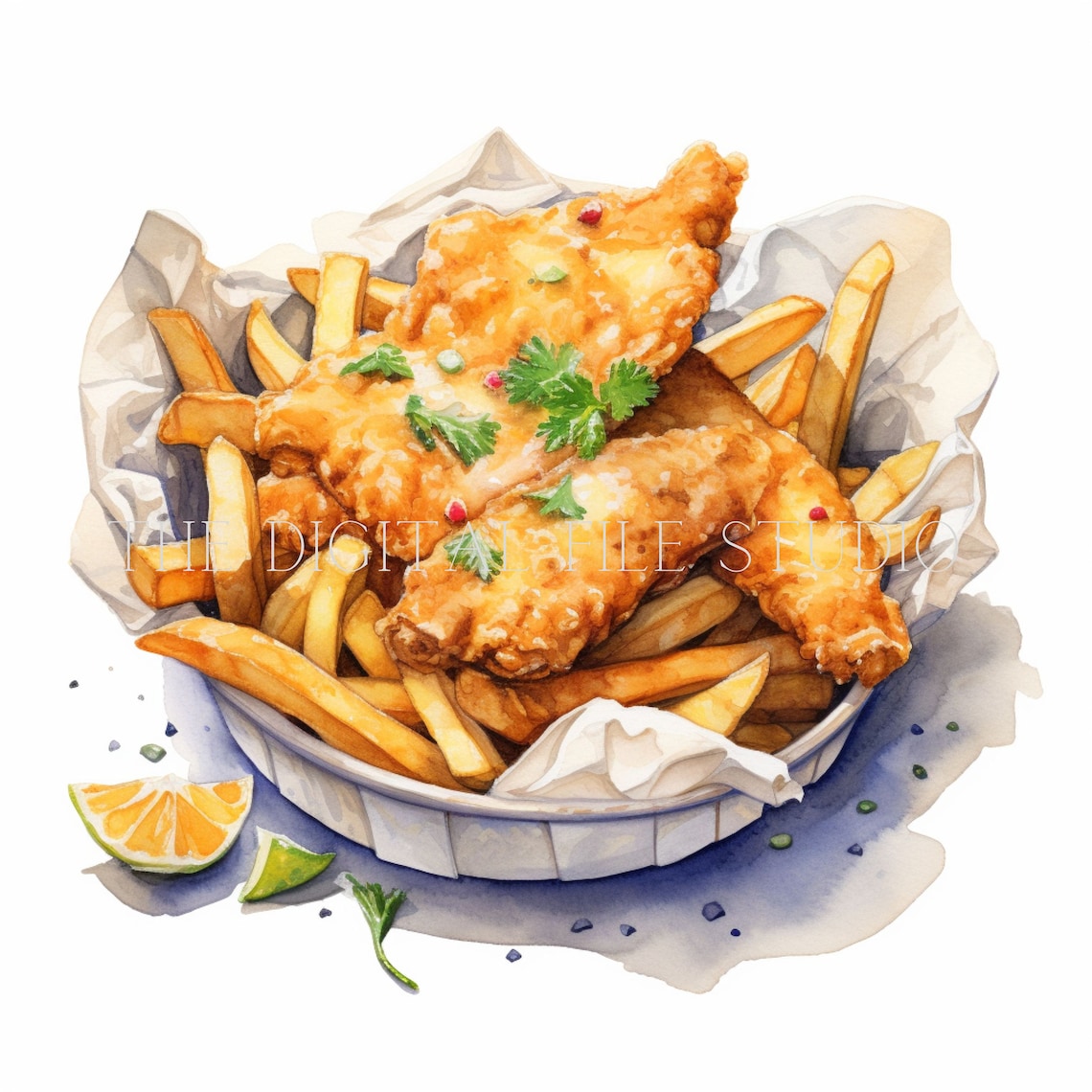 12 Watercolor Fish and Chips Clipart PNGJPGPDF Digital Images Graphics ...