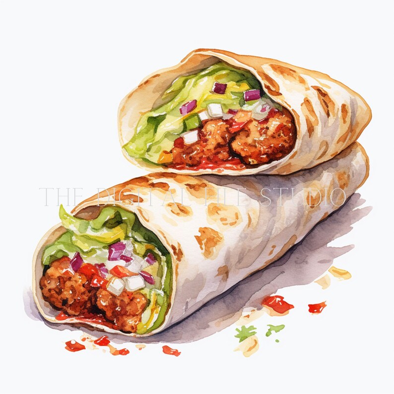 12 Watercolor Burritos Clipart PNGJPGPDF Burritos Digital Images ...