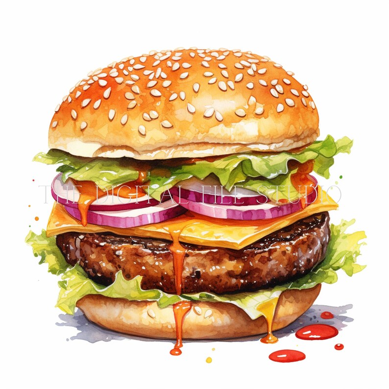 12 Watercolor Burgers Clipart PNGJPGPDF Burgers Digital Images Burgers ...