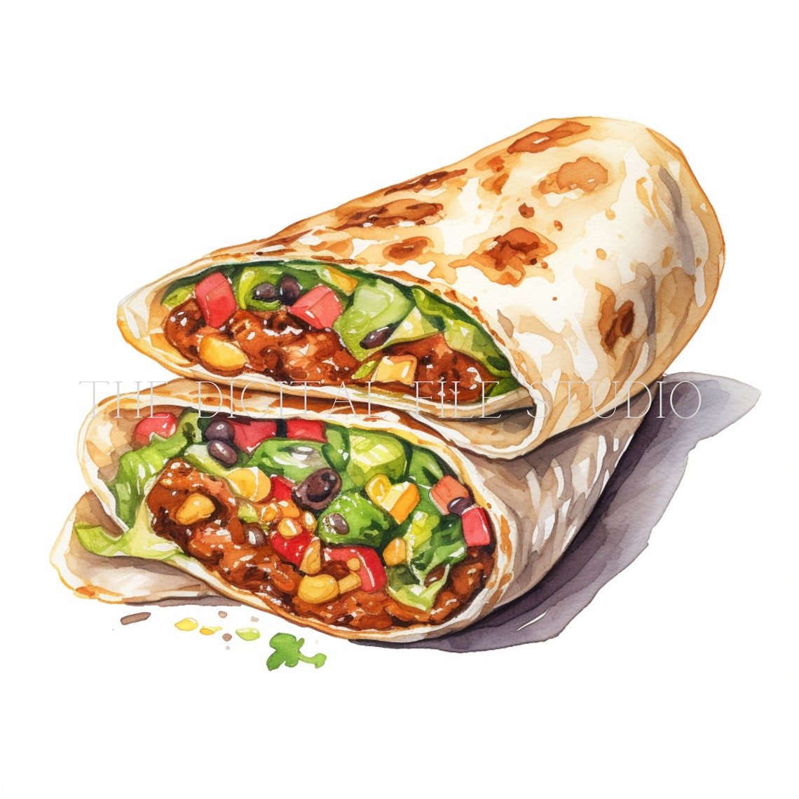 12 Watercolor Burritos Clipart PNGJPGPDF Burritos Digital Images ...