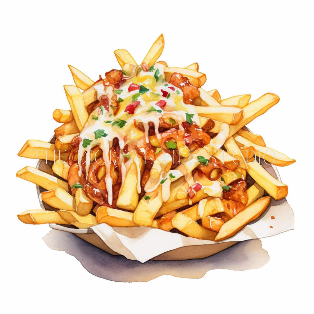 12 Watercolor Loaded Fries Clipart PNGJPGPDF Loaded Fries Digital Images Fries Graphics ...