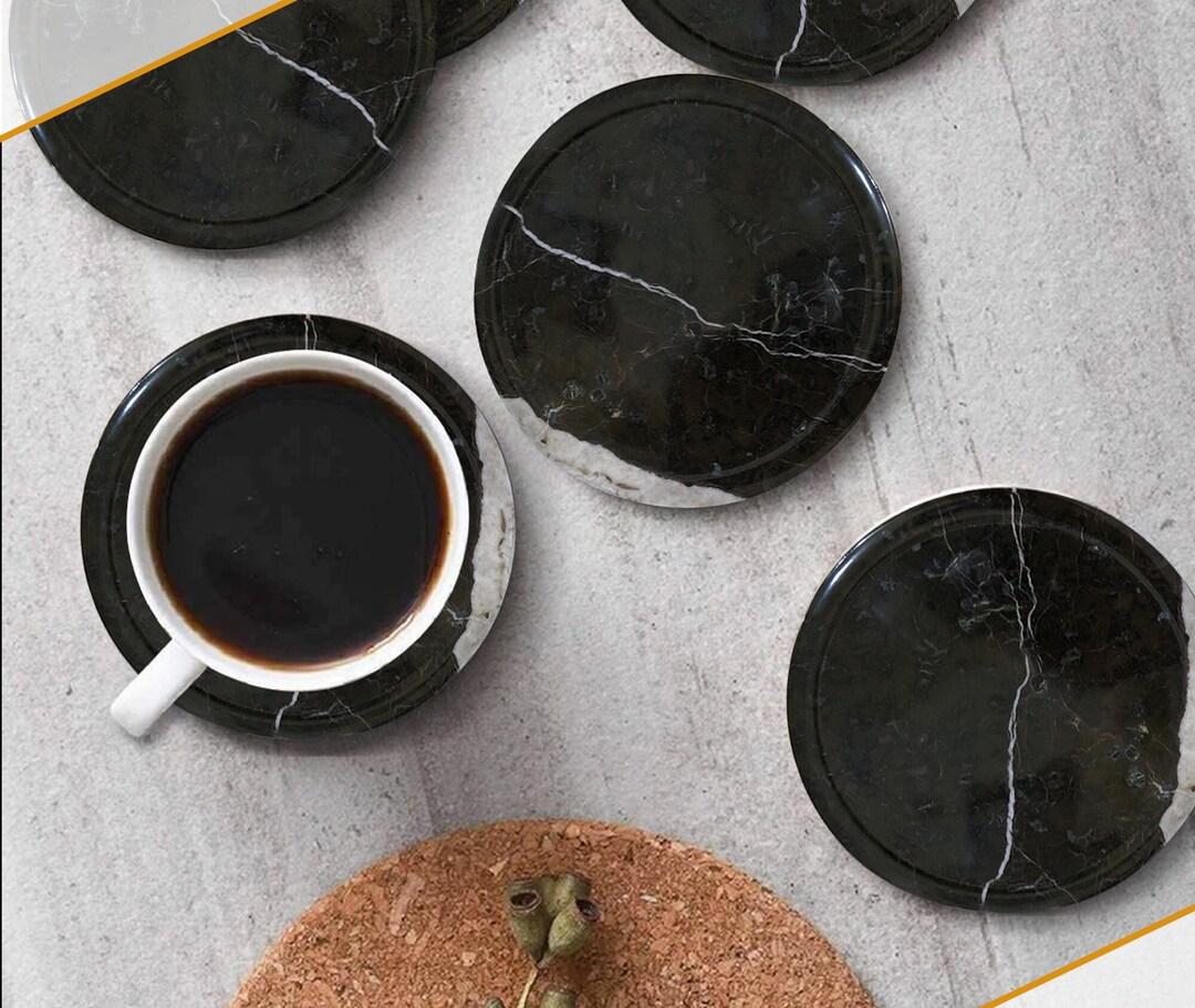 Black Onyx Coasters With Holder, Set of 6 Coasters | Marble Decor ...