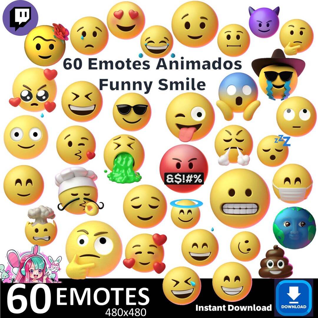 60 Emotes Twitch Pack GIF Faces Happy Smile Streamers Instant Download ...