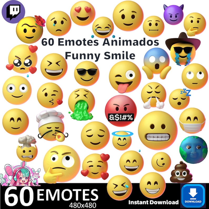 60 Emotes Twitch Pack GIF Faces Happy Smile Streamers Instant Download ...
