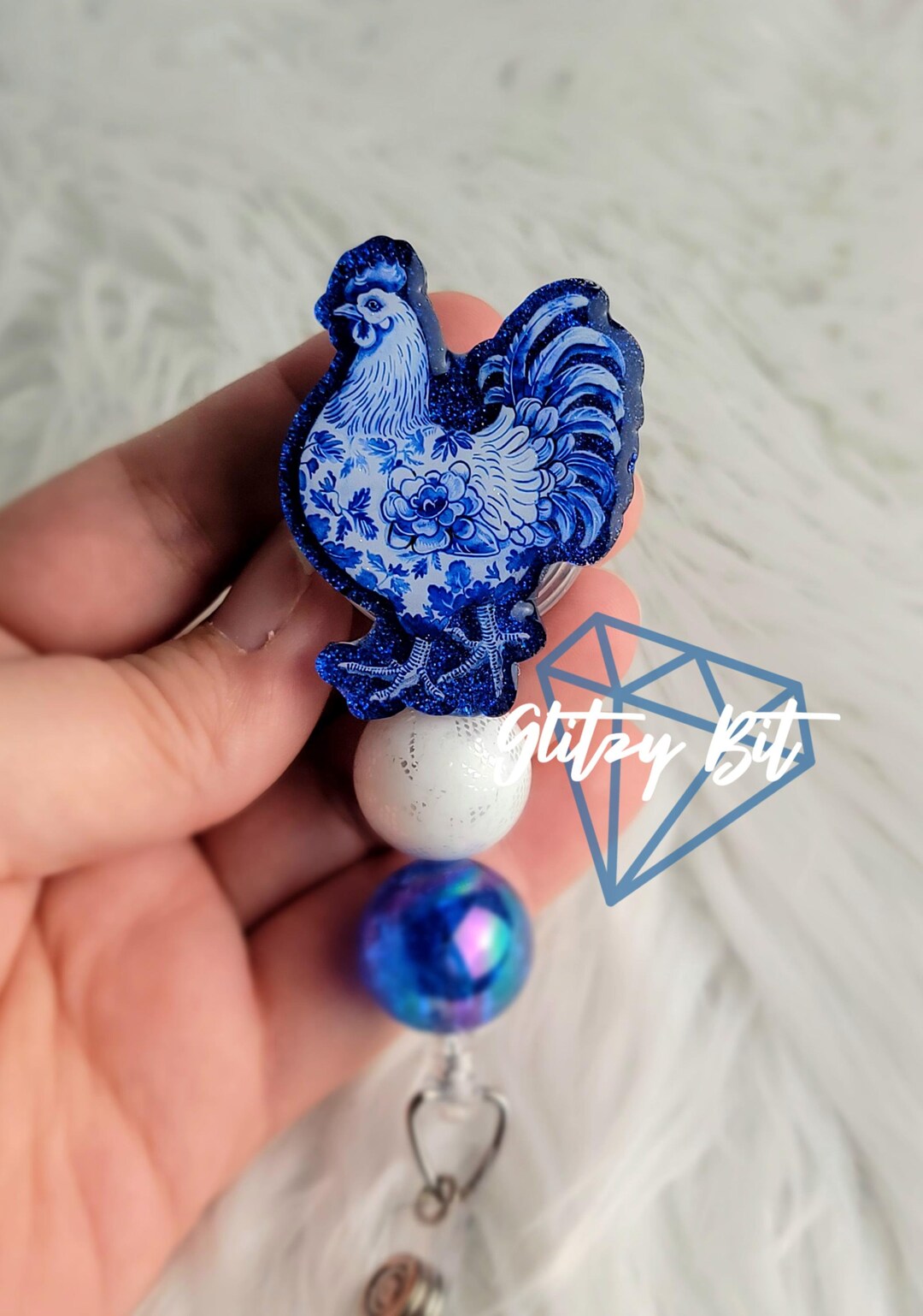 Blue Chinoiserie Chicken Badge Reel - Etsy