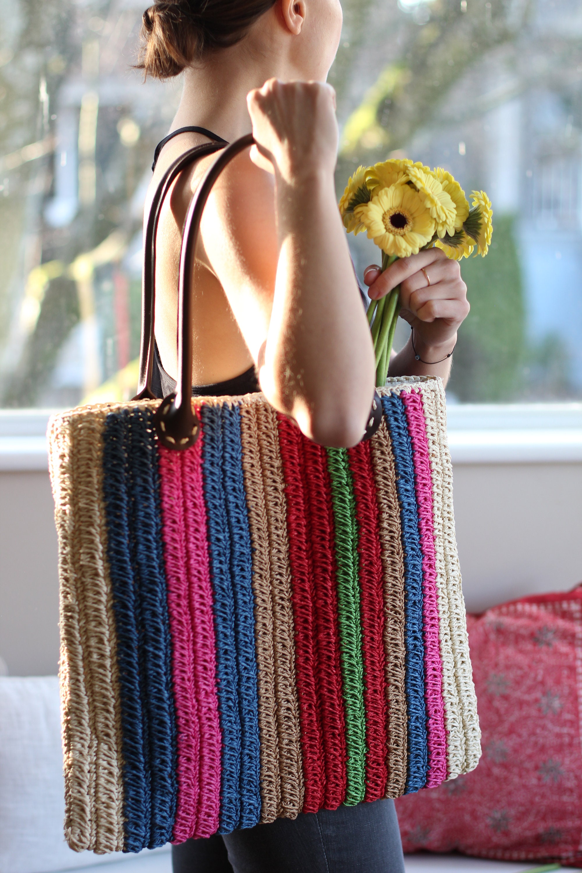Handmade Striped Summer Bag: Paper Yarn Beach Tote With Leather Straps ...
