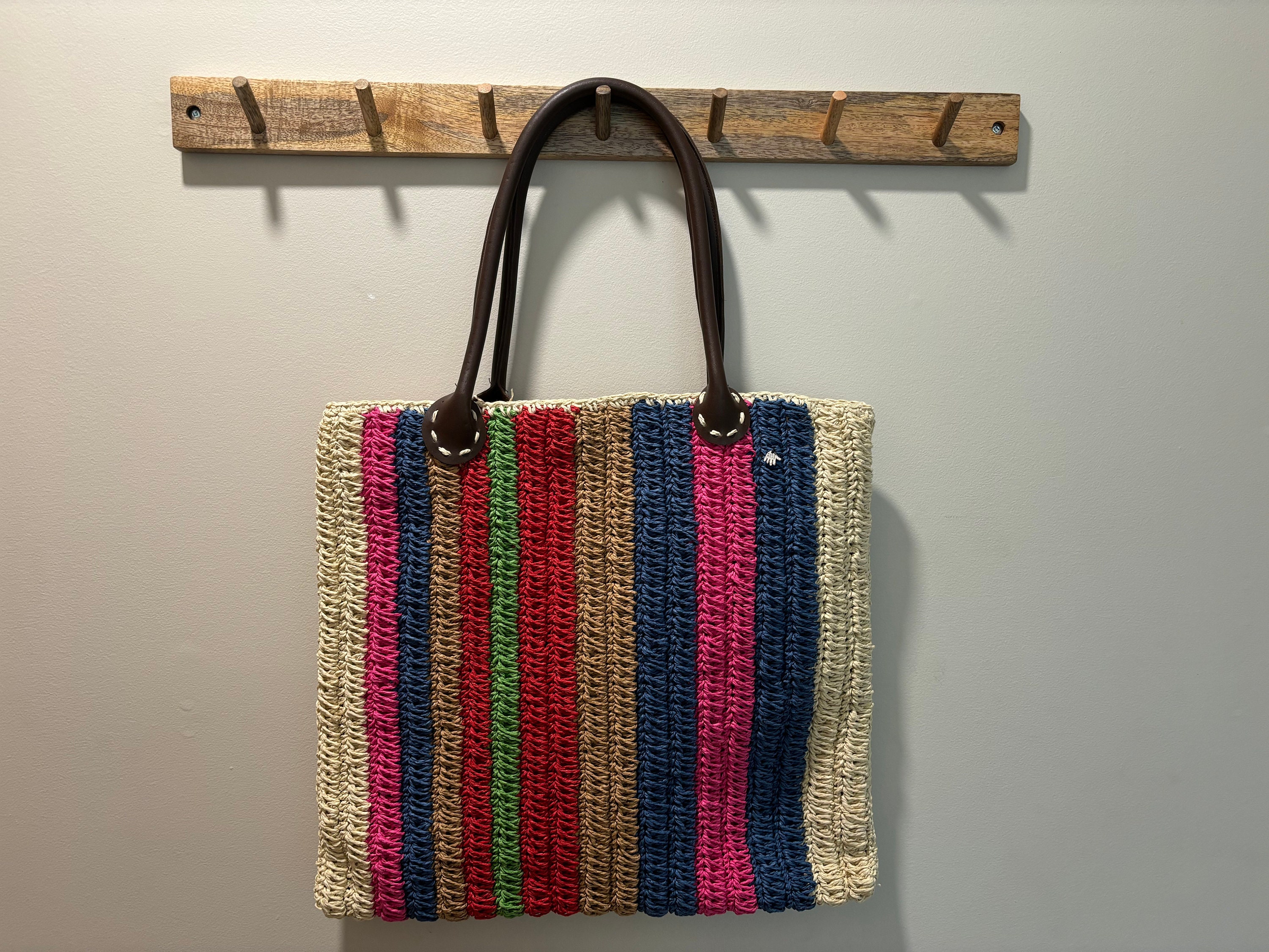 Handmade Striped Summer Bag: Paper Yarn Beach Tote With Leather Straps ...