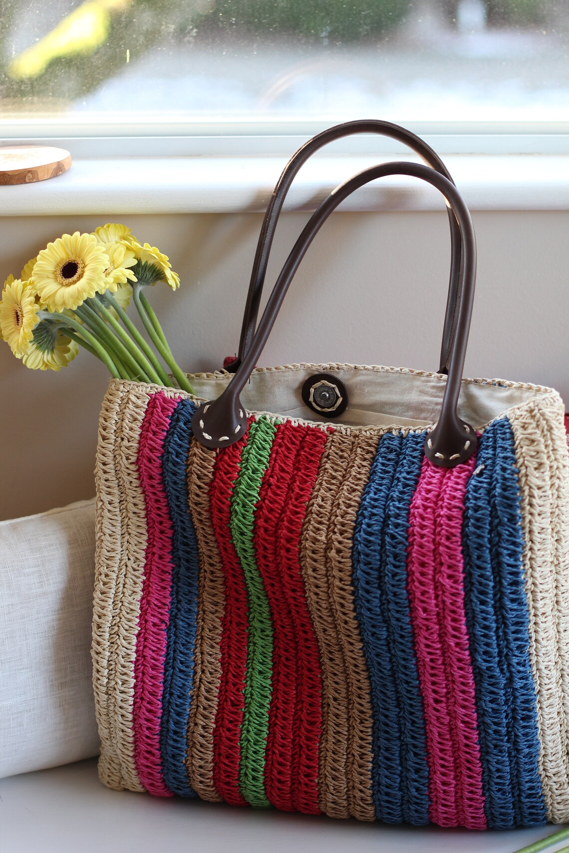 Handmade Striped Summer Bag: Paper Yarn Beach Tote With Leather Straps ...