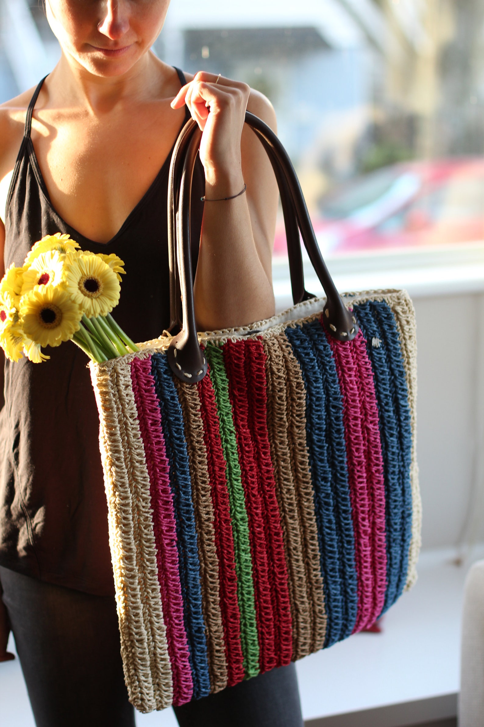 Handmade Striped Summer Bag: Paper Yarn Beach Tote With Leather Straps ...