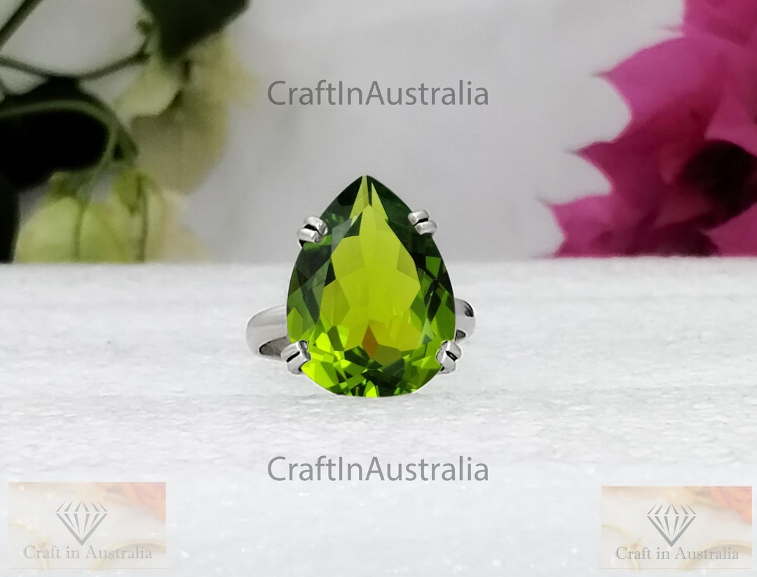 Large Peridot Ring, Pear Cut Cocktail Ring, 925 Sterling Silver, 14k ...