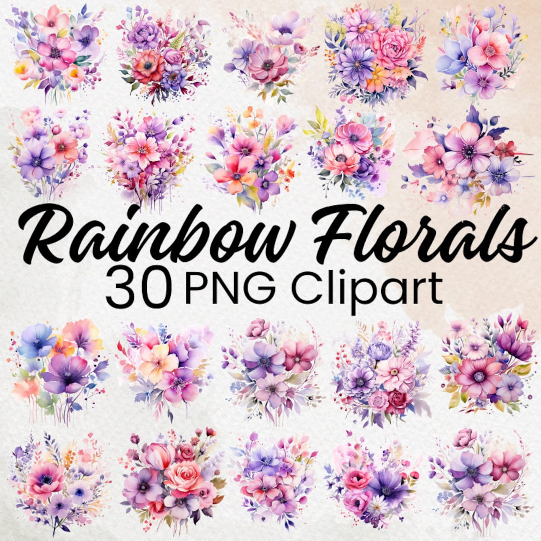 30 Rainbow Floral Clipart, Colorful Spring Flower Bouquet, Floral ...