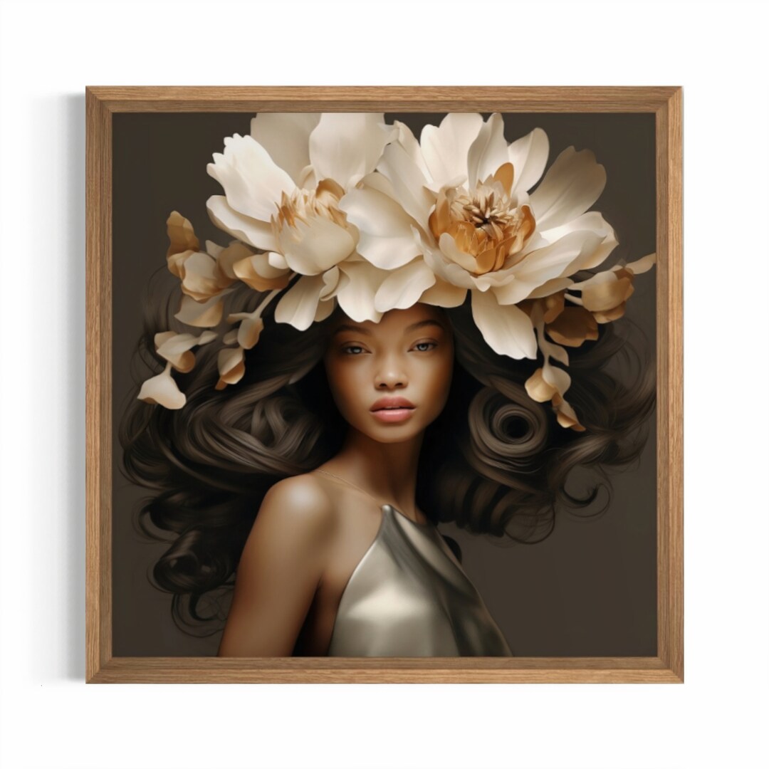 Woman With Fllower Art Black Gold Picture Wall Decoration Art Premium ...