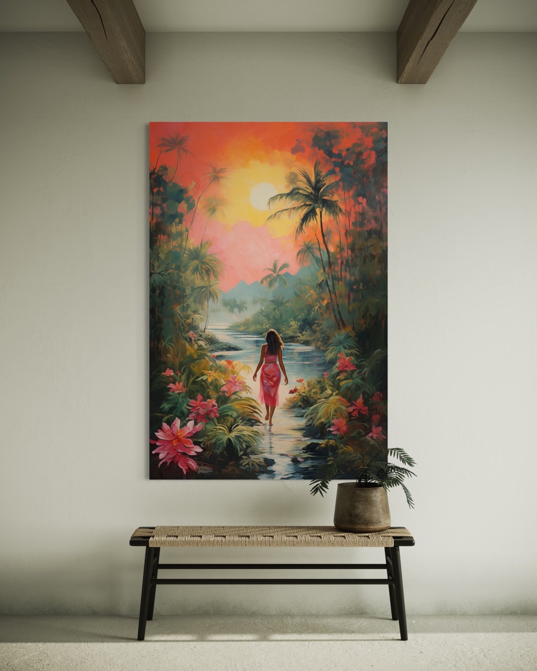 Woman in Pink Dress Walk in Jungle Artwork & Tropical Canvas Print ...