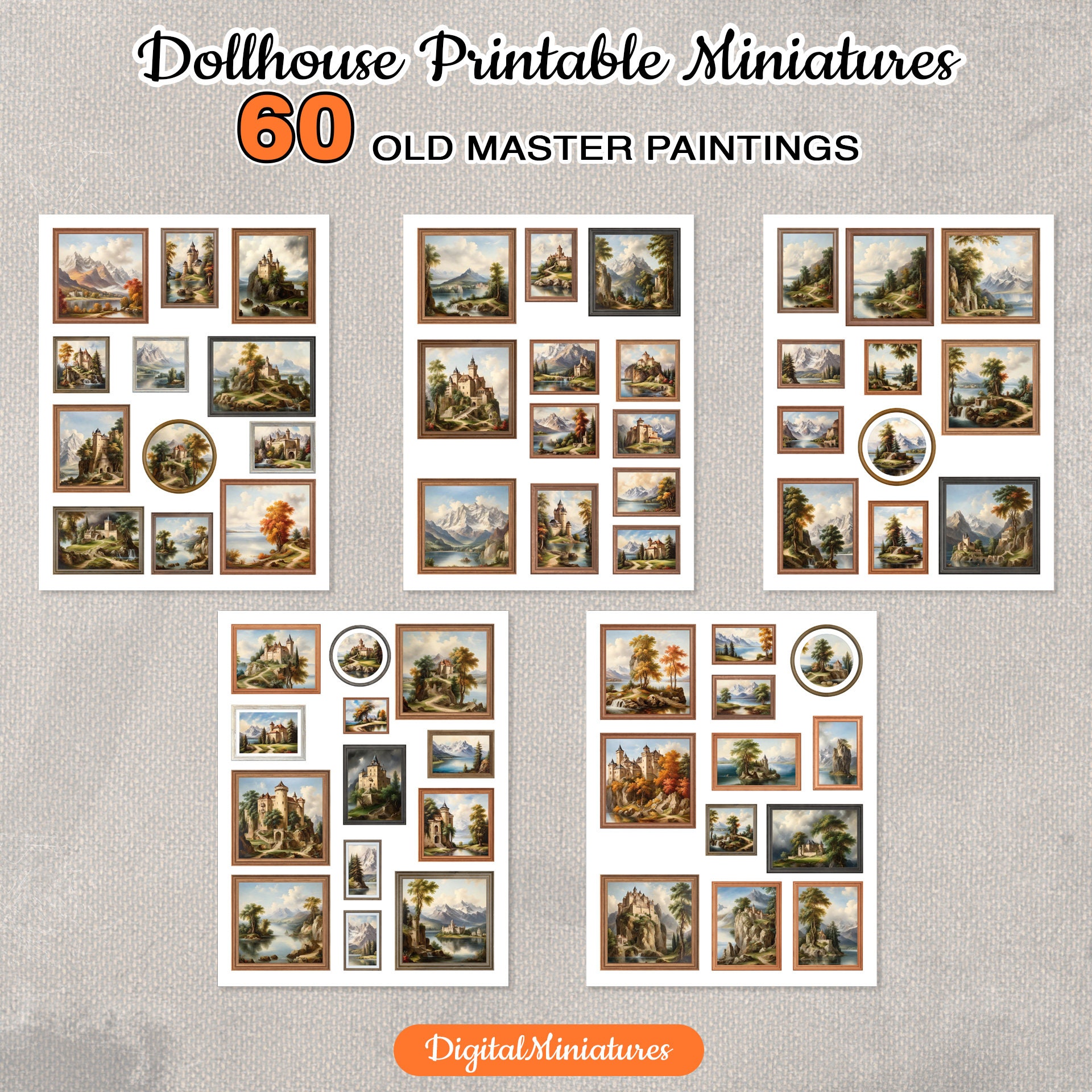 Painting for Dolls, Dollhouse Miniature, 60 Printable Classic Landscape ...