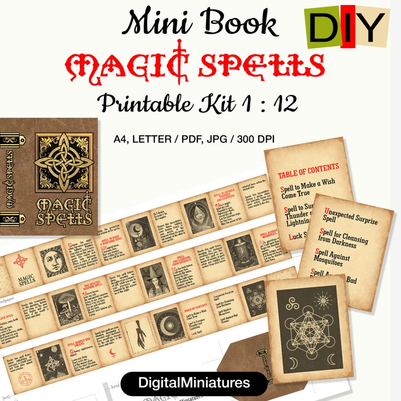 DIY Miniature Book, Magic Spell Book for Dollhouse Library, Printable ...