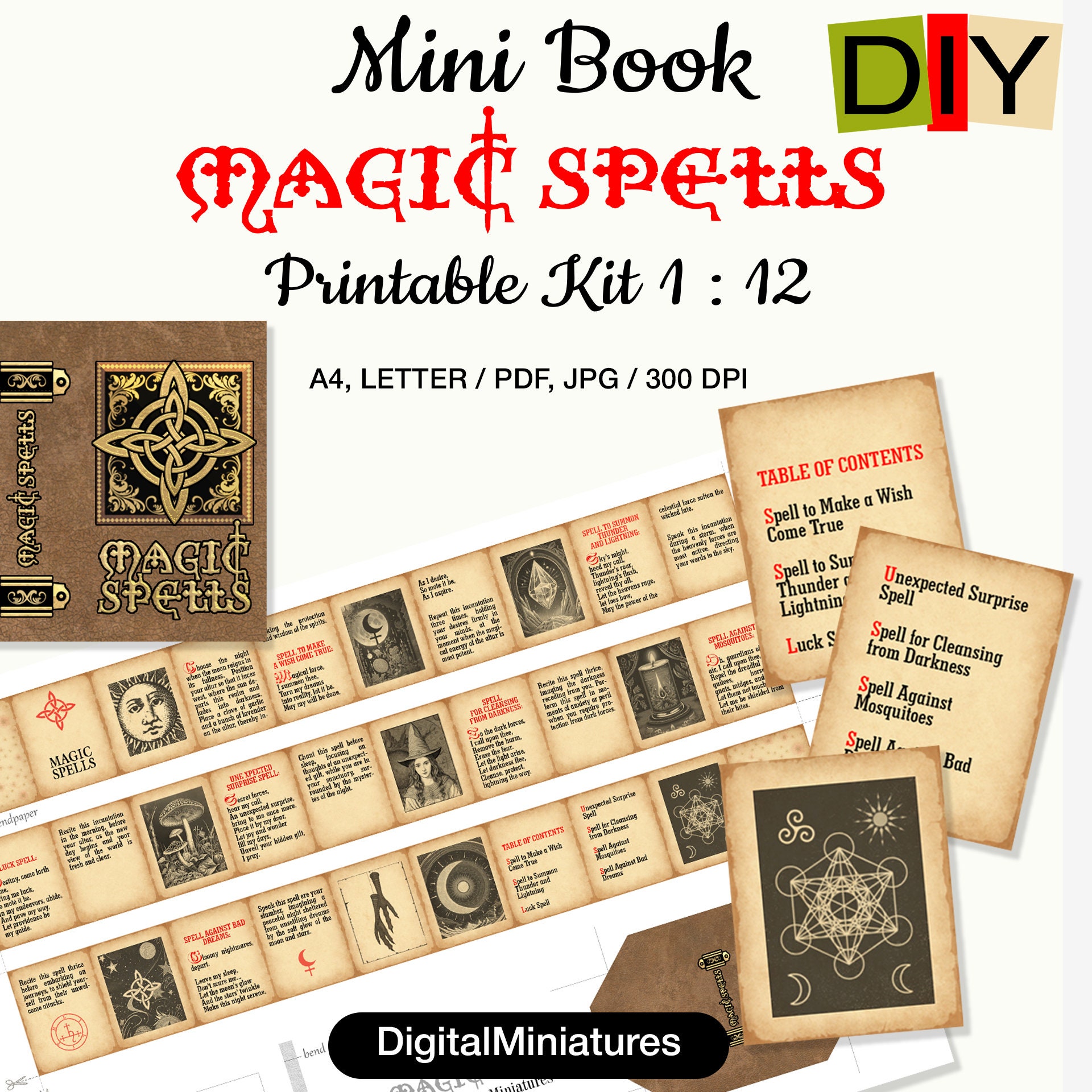 DIY Miniature Book, Magic Spell Book for Dollhouse Library, Printable ...