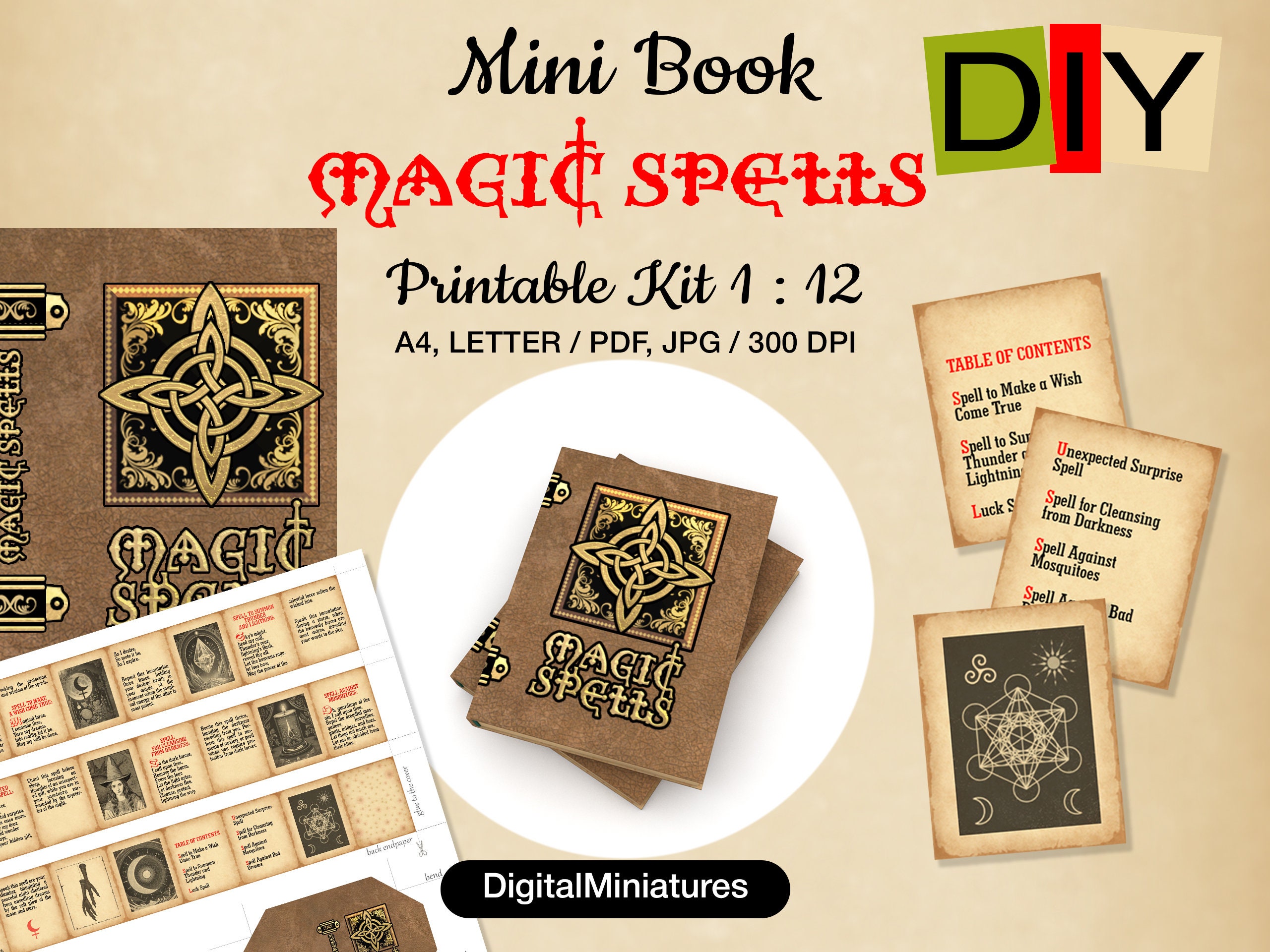 DIY Miniature Book, Magic Spell Book for Dollhouse Library, Printable Kit of Mini Book for Dolls ...