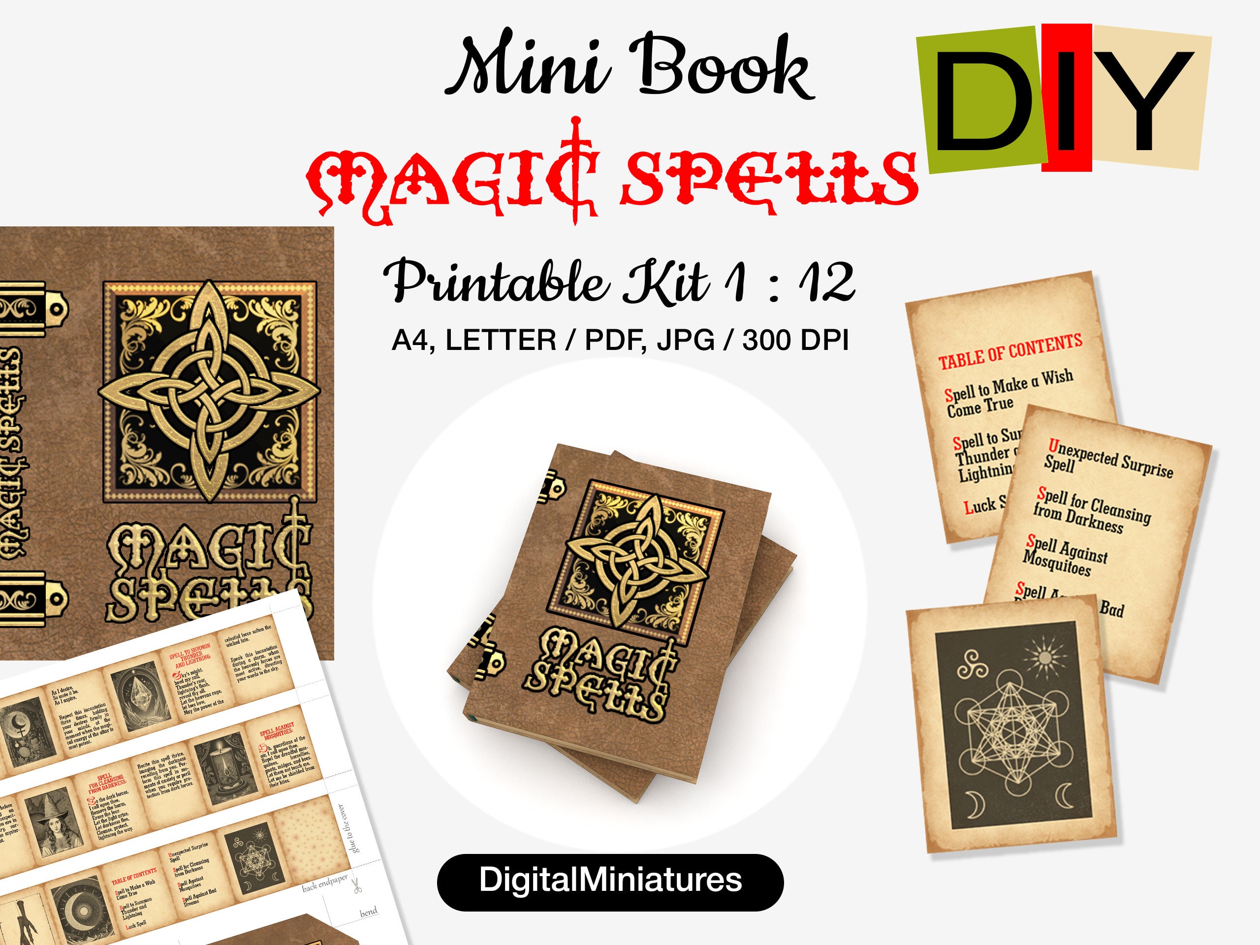 DIY Miniature Book, Magic Spell Book for Dollhouse Library, Printable ...