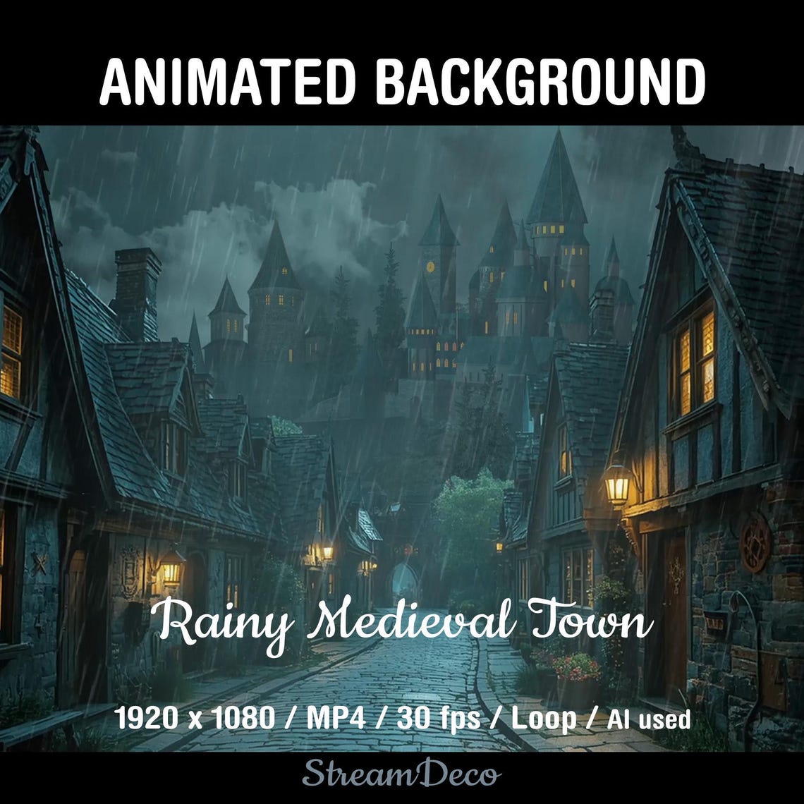 Dark Rainy Medieval Town, Animated Stream Background for Vtubers and ...
