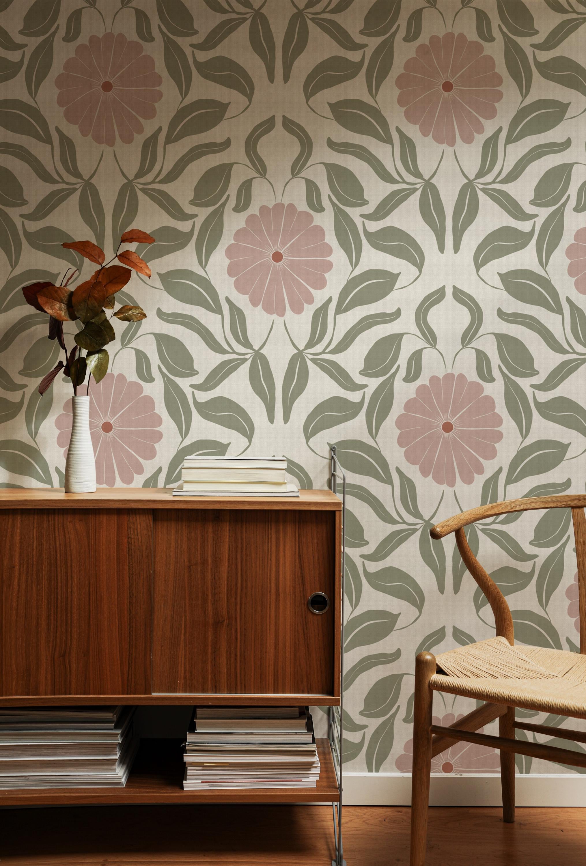 Blockprint Floral Wallpaper, LARGE, Pink Green, Peel and Stick, Pre ...