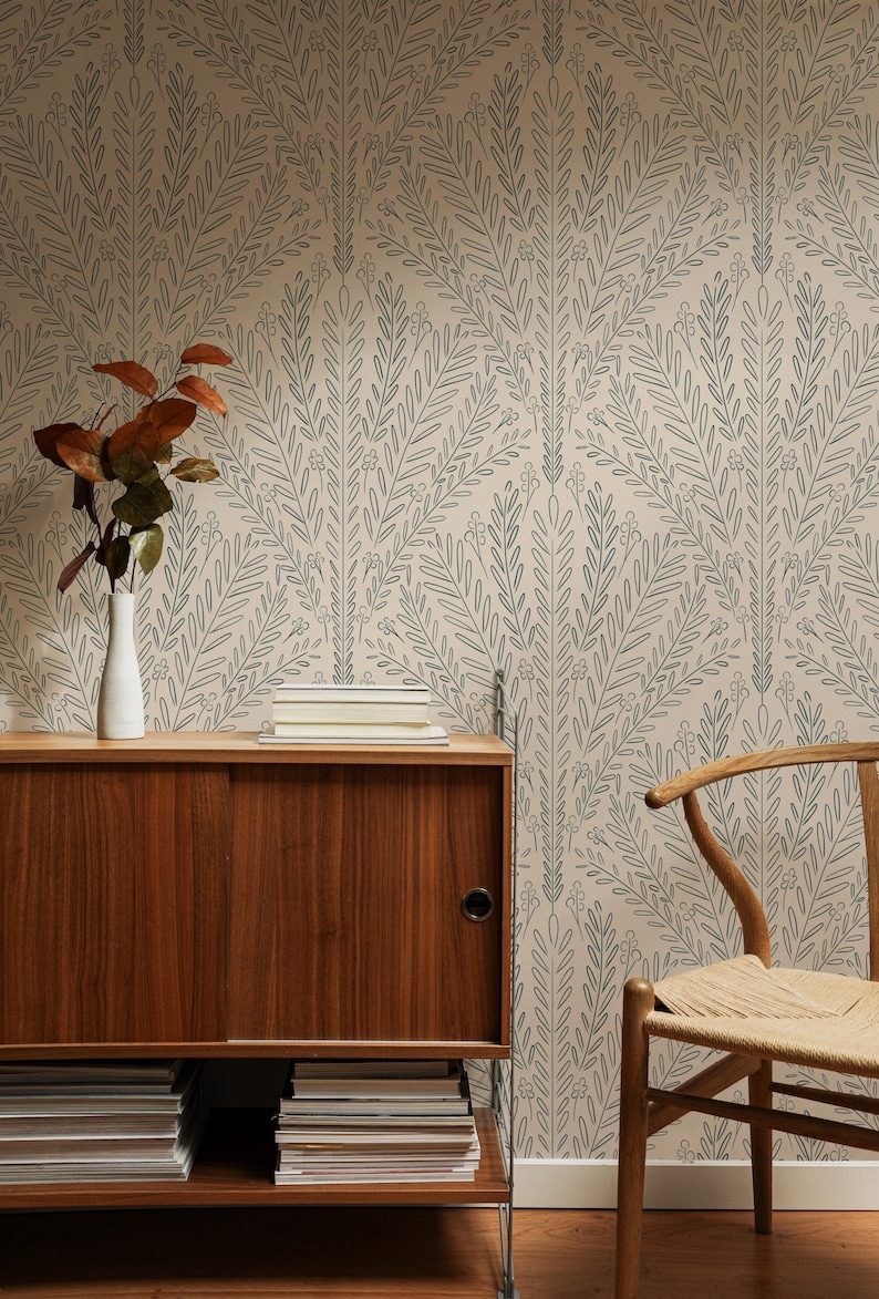 Hand Drawn Wallpaper, Laurel Leaves, Dark Blue on Cream, Peel and Stick ...