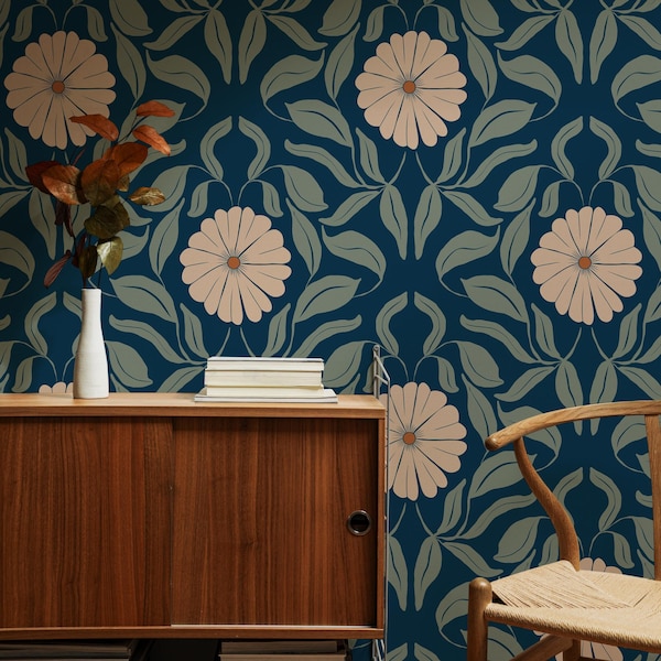 Large Blue Floral Wallpaper - Etsy