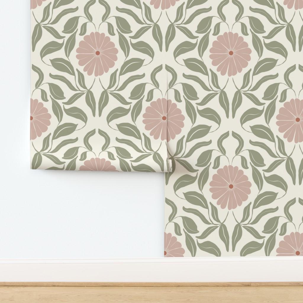 Blockprint Floral Wallpaper, LARGE, Pink Green, Peel and Stick, Pre ...