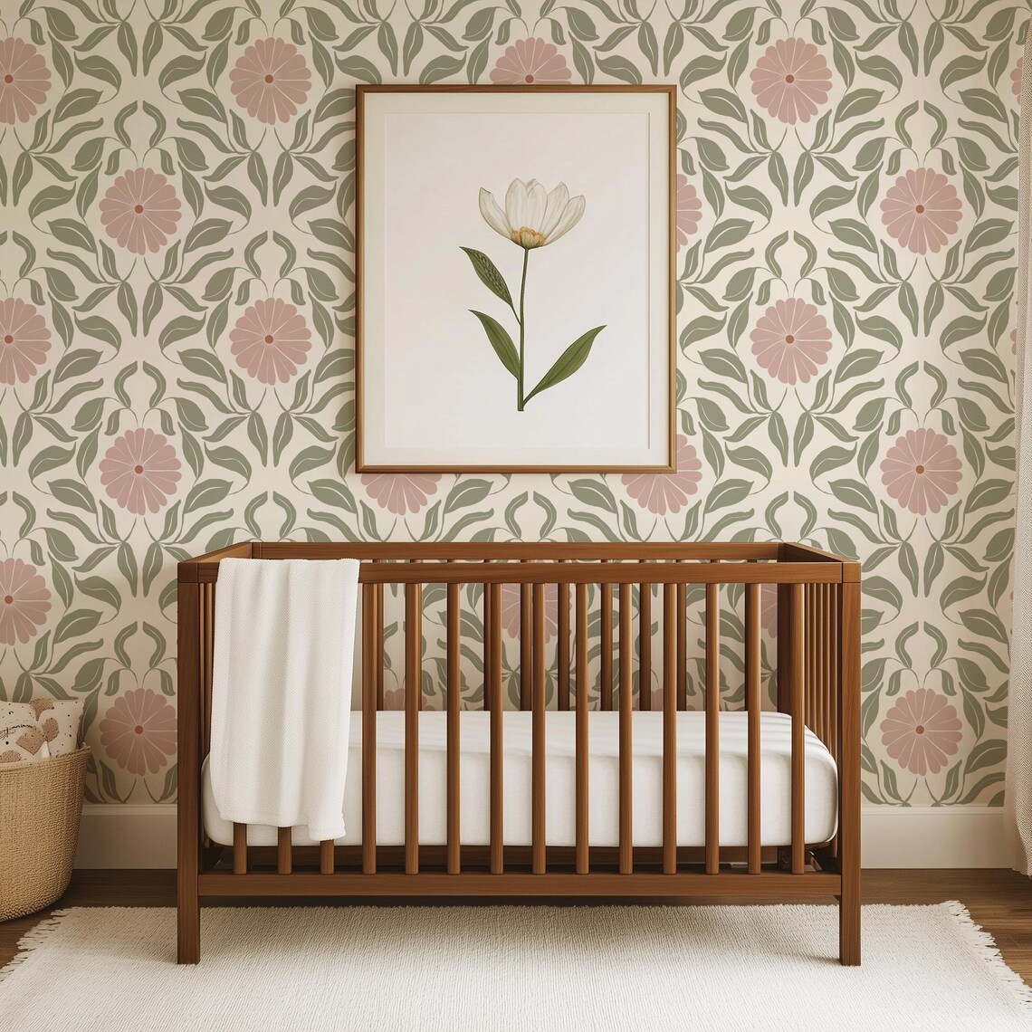 Blockprint Floral Wallpaper, LARGE, Pink Green, Peel and Stick, Pre ...