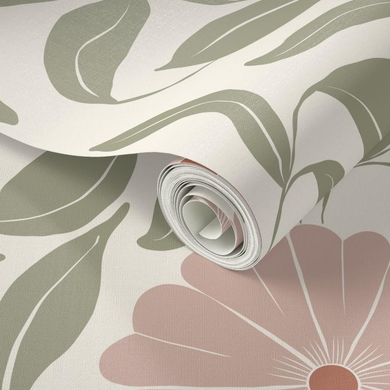 Blockprint Floral Wallpaper, LARGE, Pink Green, Peel and Stick, Pre ...