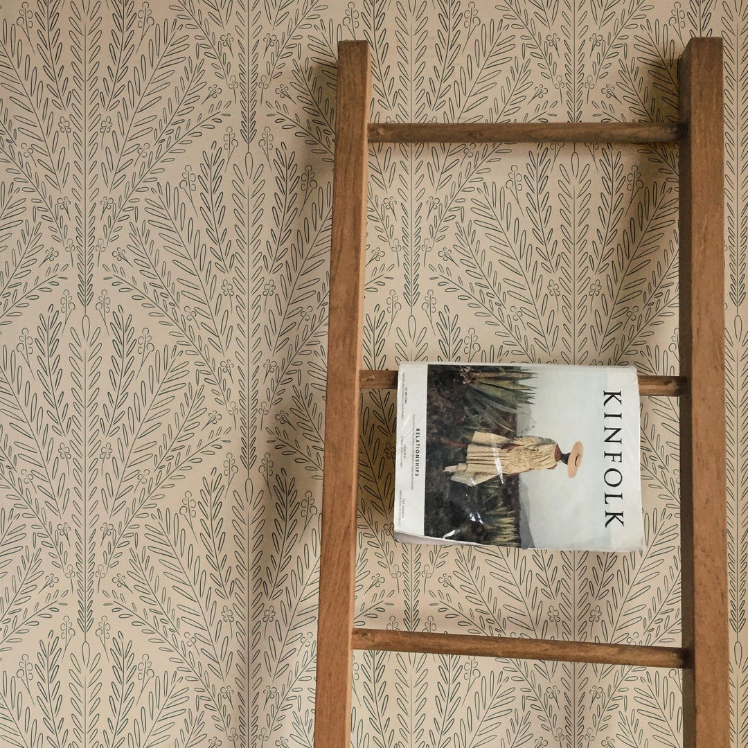 Hand Drawn Wallpaper, Laurel Leaves, Dark Blue on Cream, Peel and Stick ...