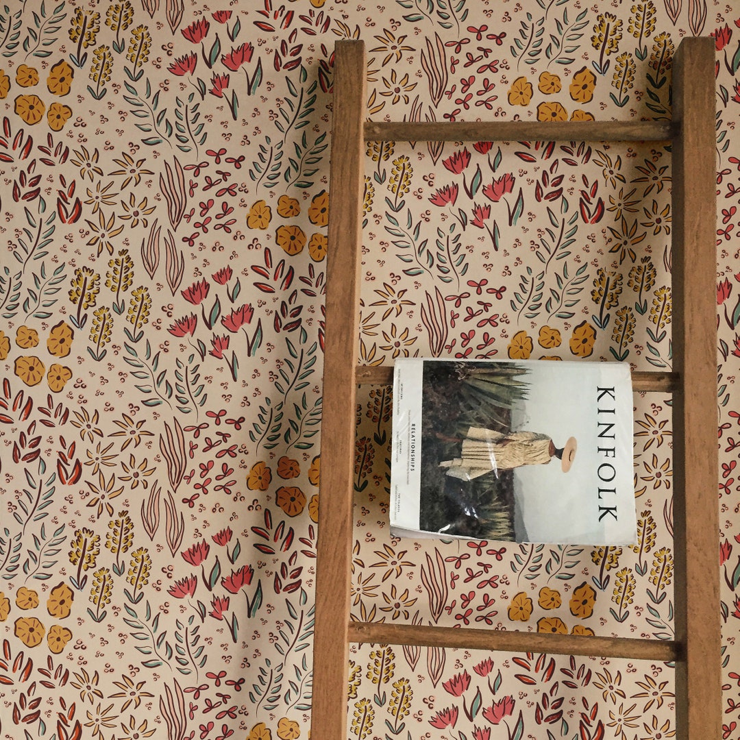 Hand Drawn Wildflower Meadow on Cream Wallpaper, Peel and Stick or Pre ...