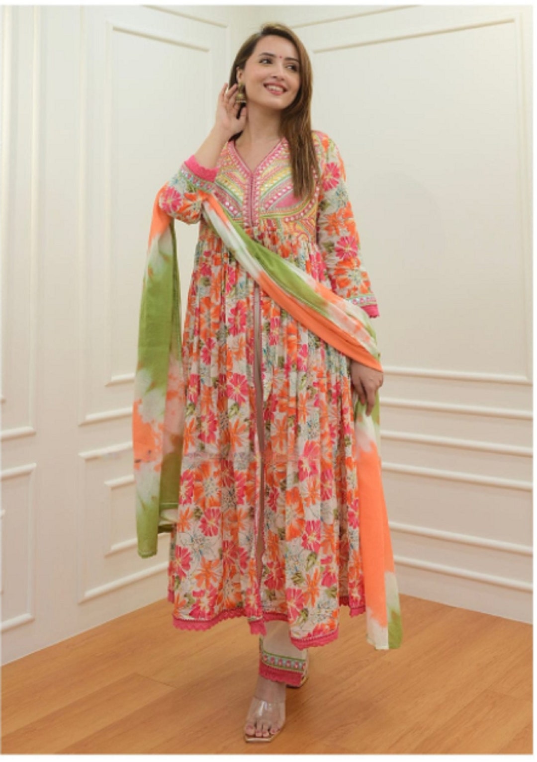 Beautiful Indian Alia Cut Printed & Embroidered Anarkali Dress With ...