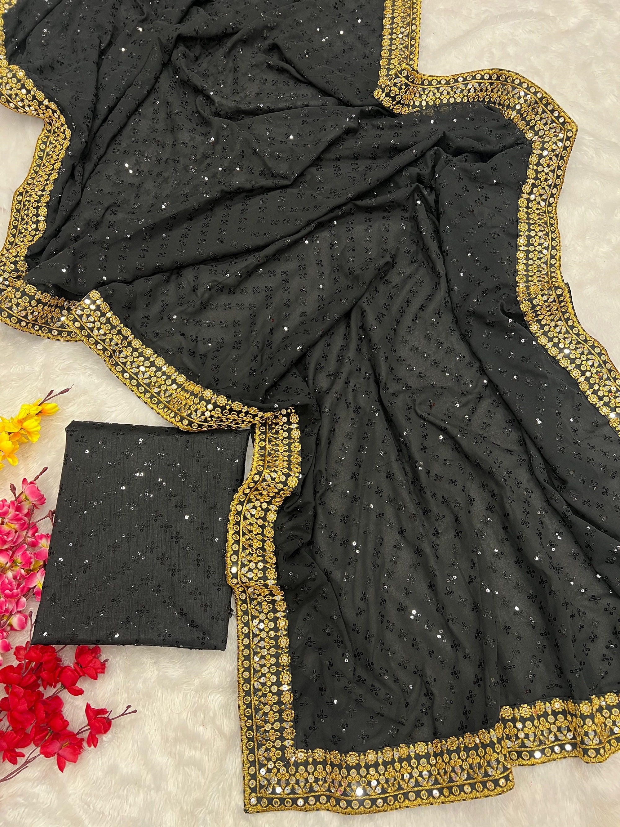 Black Heavy Georgette Sequence Work Saree, Saree for USA Women, Designer Saree, Party Wear Saree ...