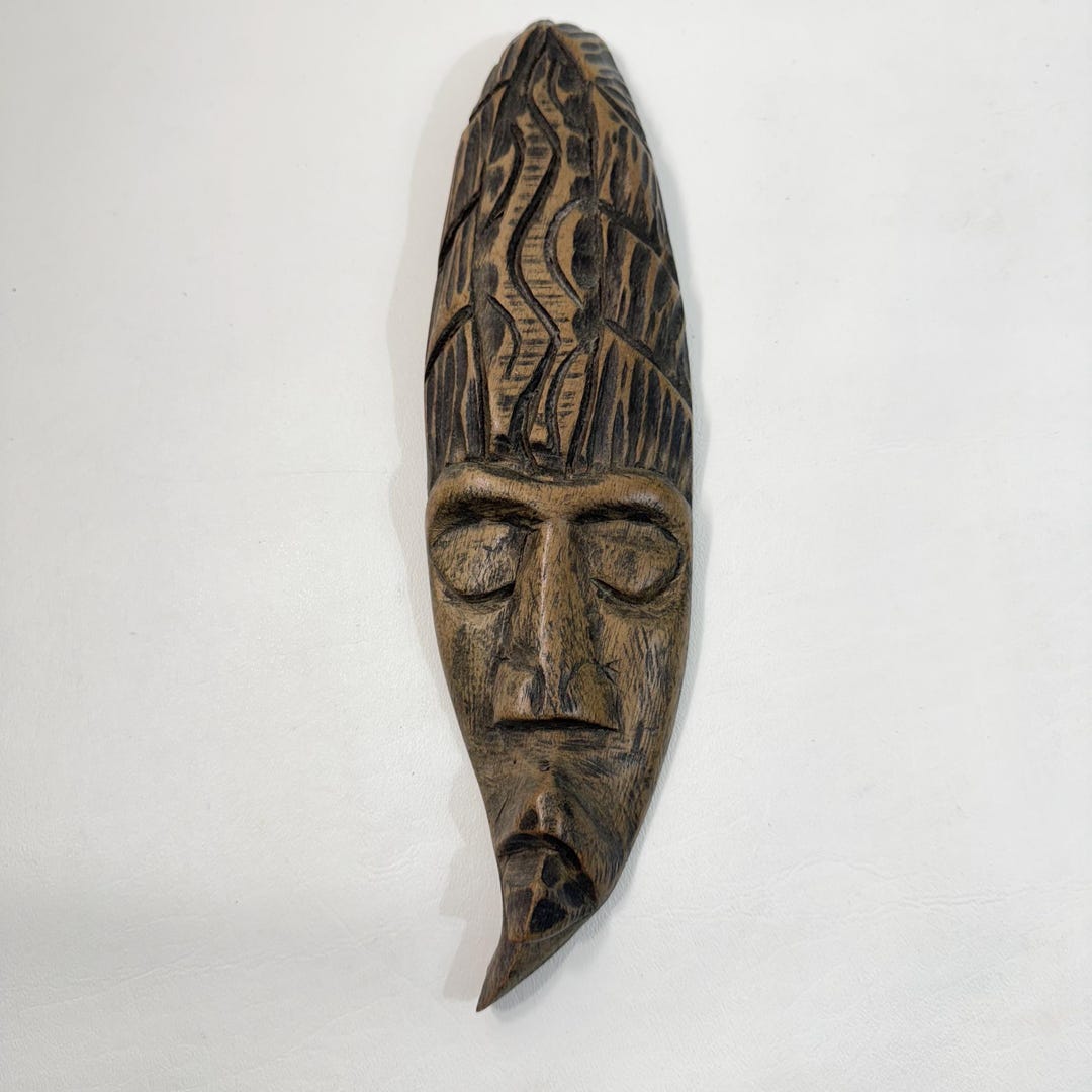 Primitive Hand Carved Wooden Tribal Face Mask Collectible Art Signed ...