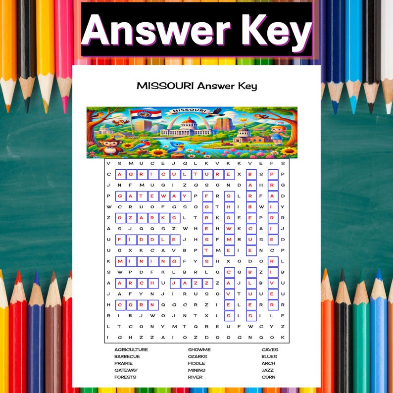 MISSOURI Word Search Puzzle and Answer Key|us States Worksheet|social ...