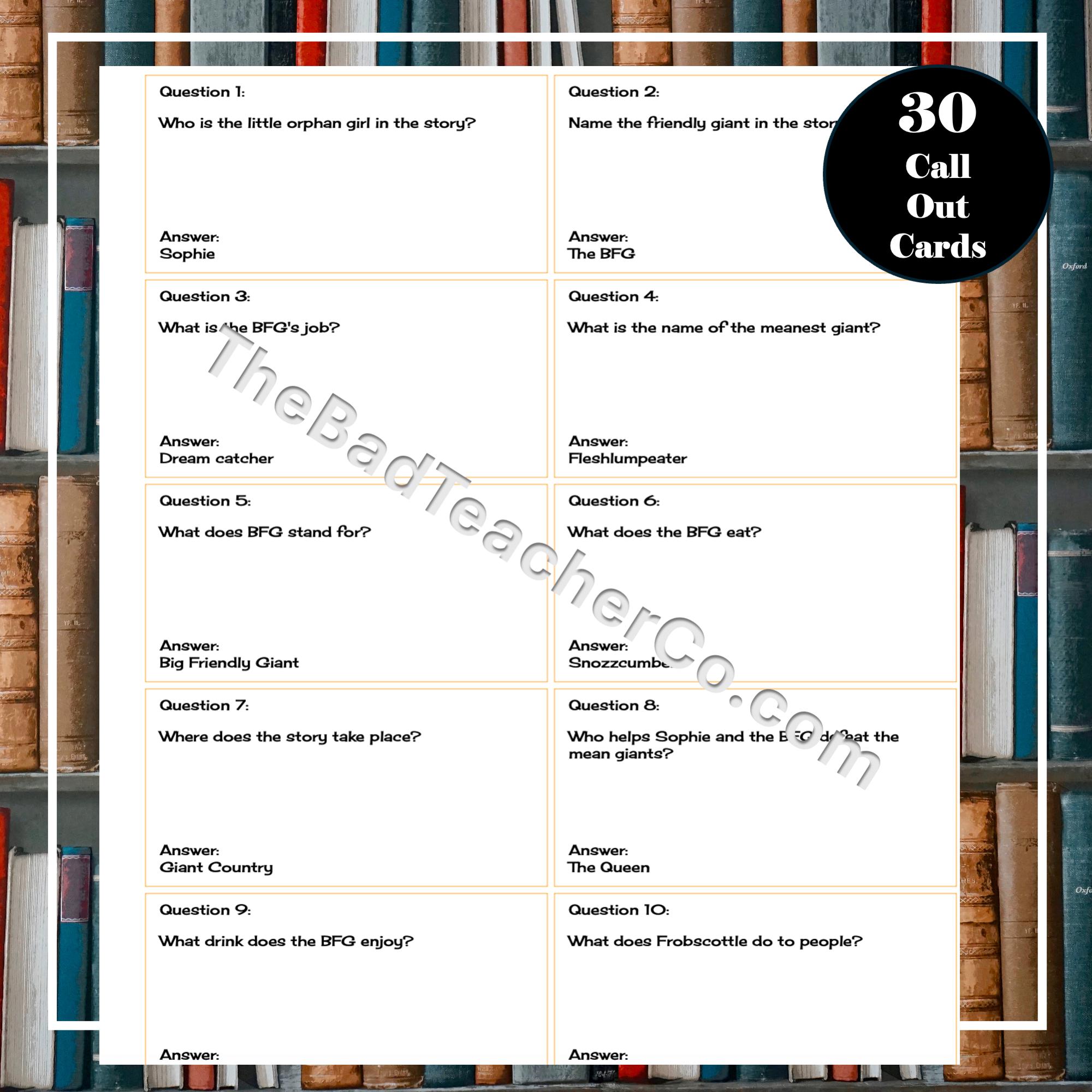 The BFG Book Bingo Game|30 BINGO Cards|30 Call Out Cards|3rd-6th Elar ...