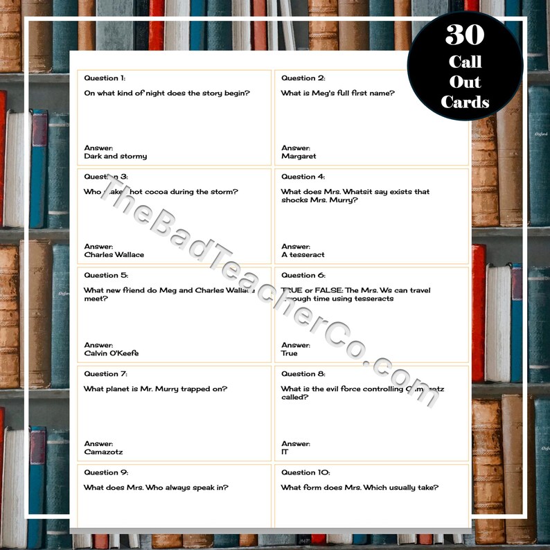 A Wrinkle in Time Book Bingo Game|30 BINGO Cards|30 Call Out Cards|5th ...