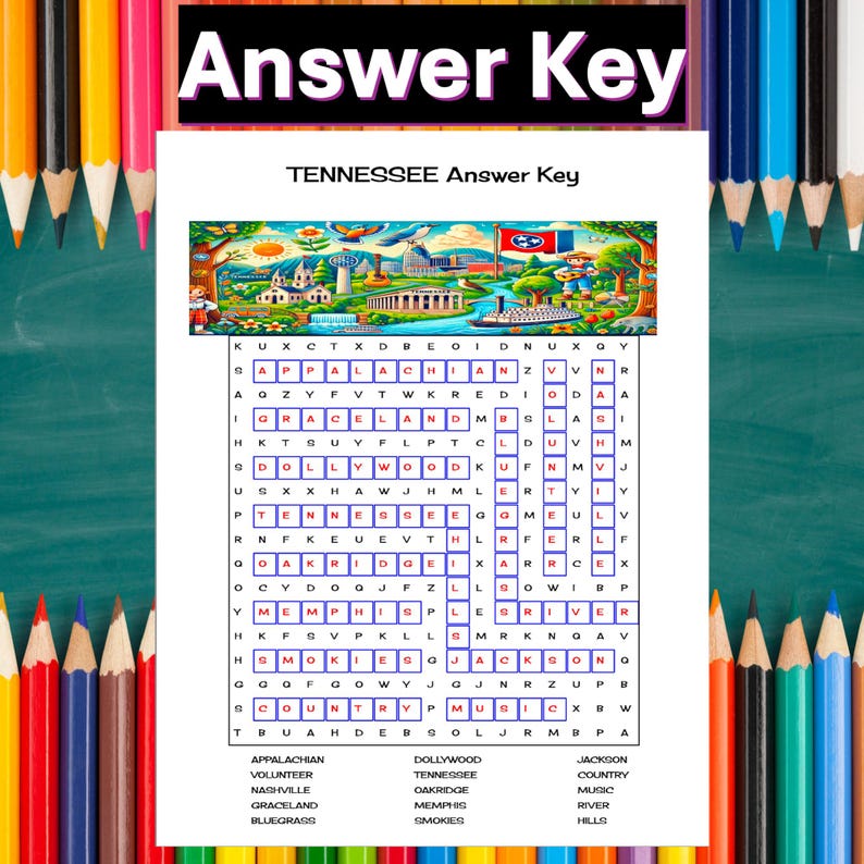 TENNESSEE Word Search Puzzle and Answer Keyus States Worksheetsocial ...