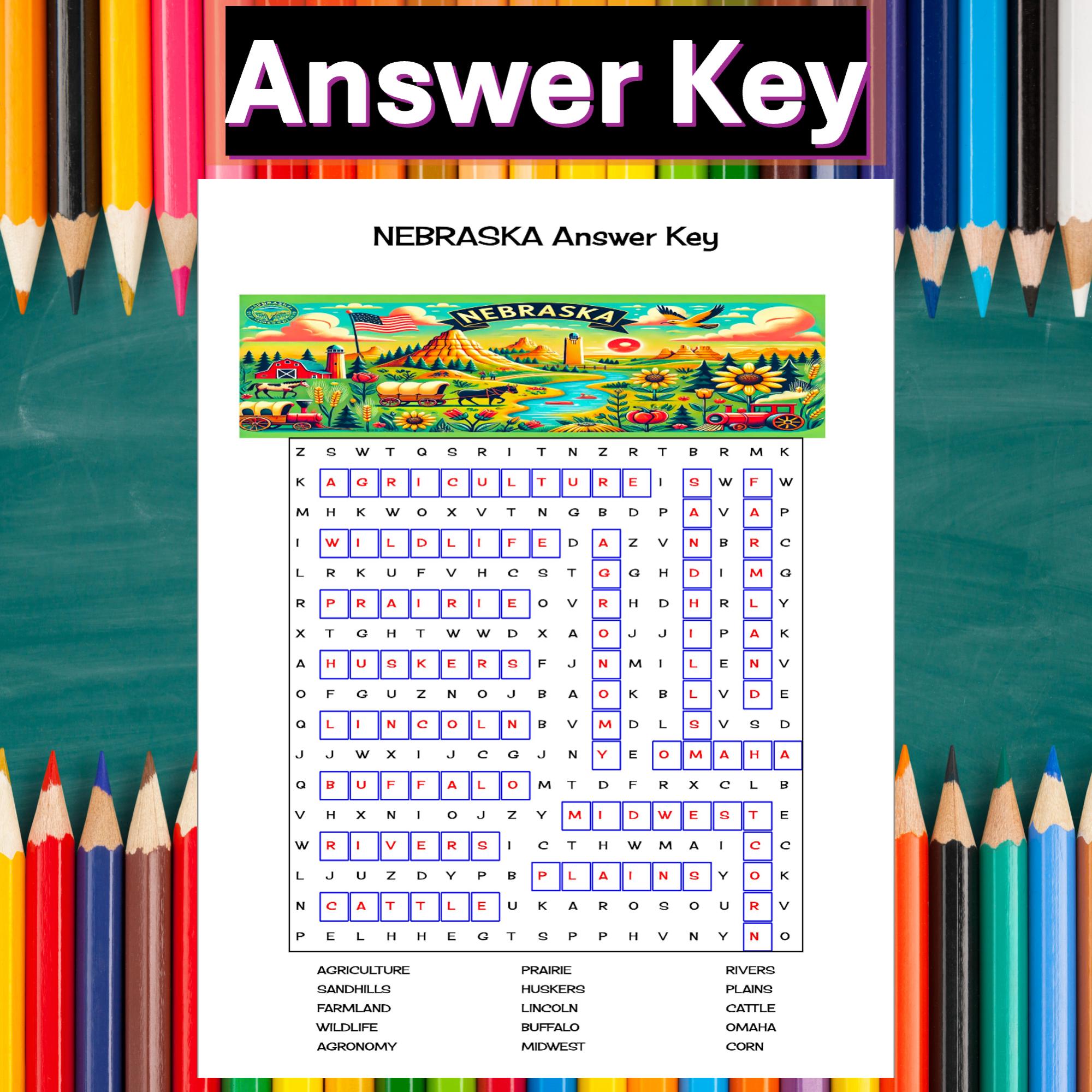 NEBRASKA Word Search Puzzle and Answer Key|us States Worksheet|social ...